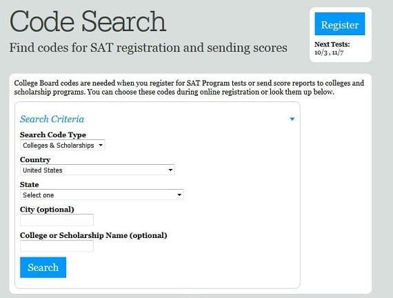 SAT College Codes and School Codes for Score Reports